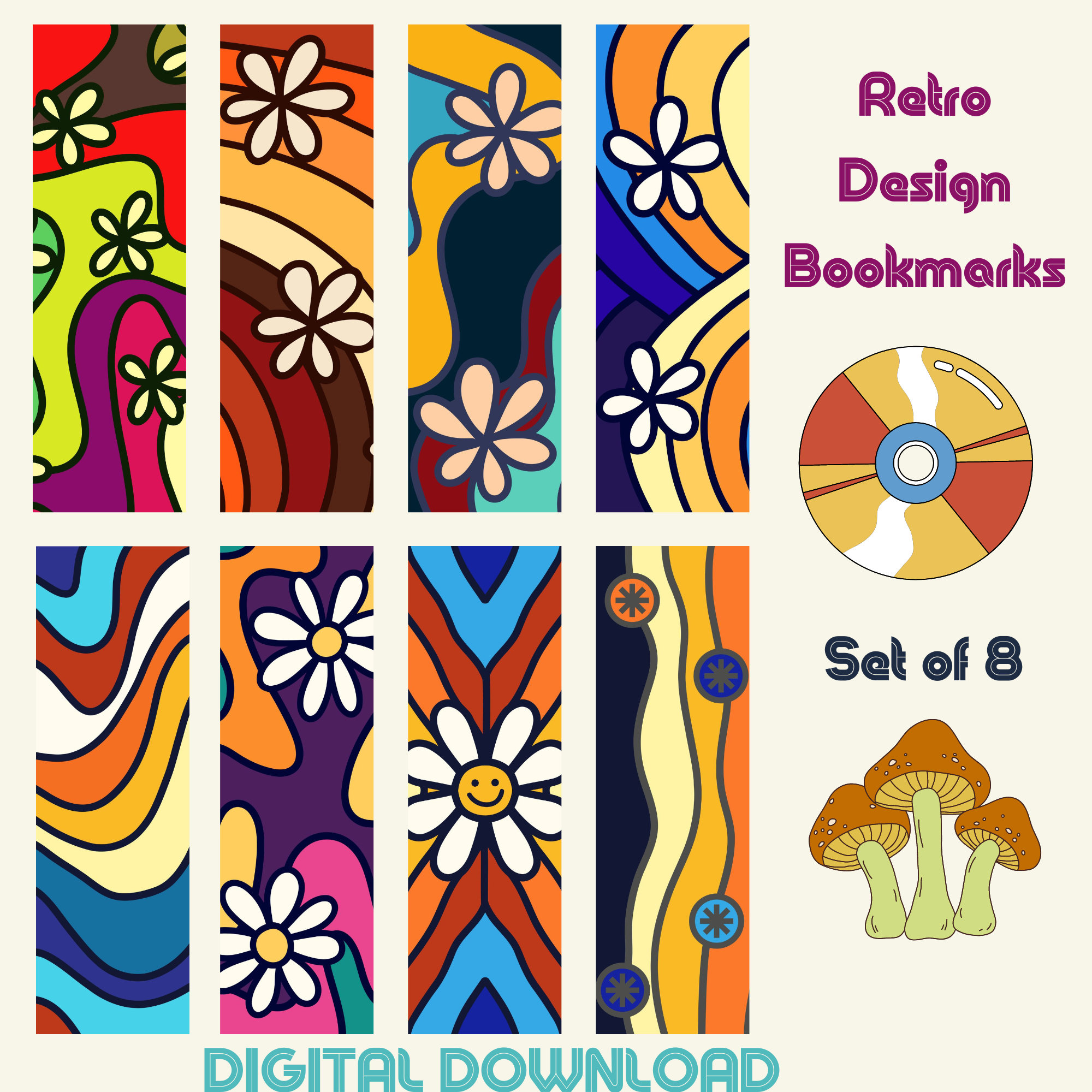 Retro Design Printable Bookmarks (SET OF 8) - Retro Color Doodle ...