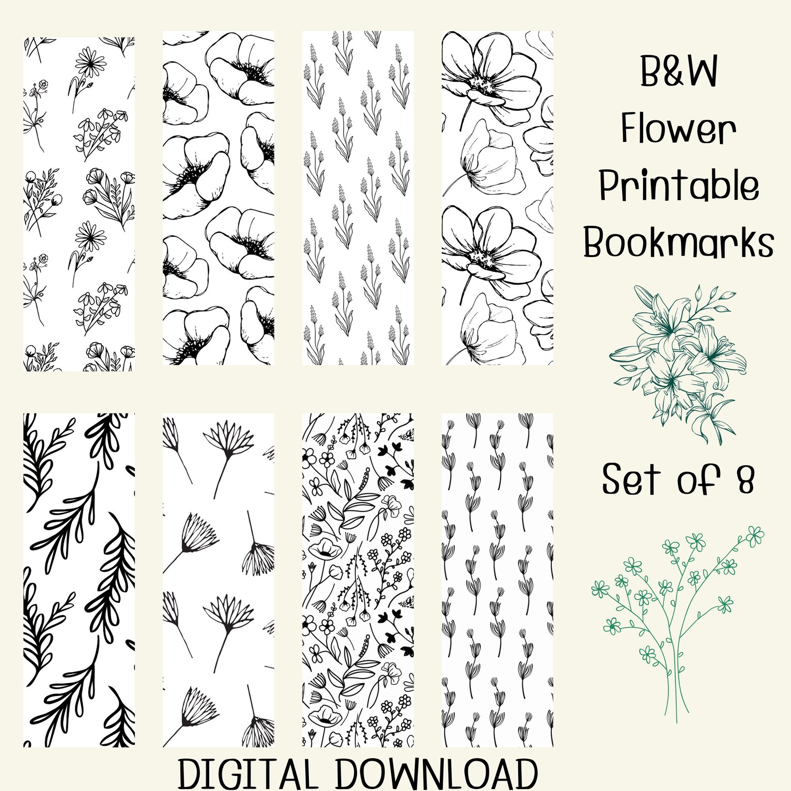 Black & White Flower Printable Bookmarks (SET OF 8) - Black and White ...