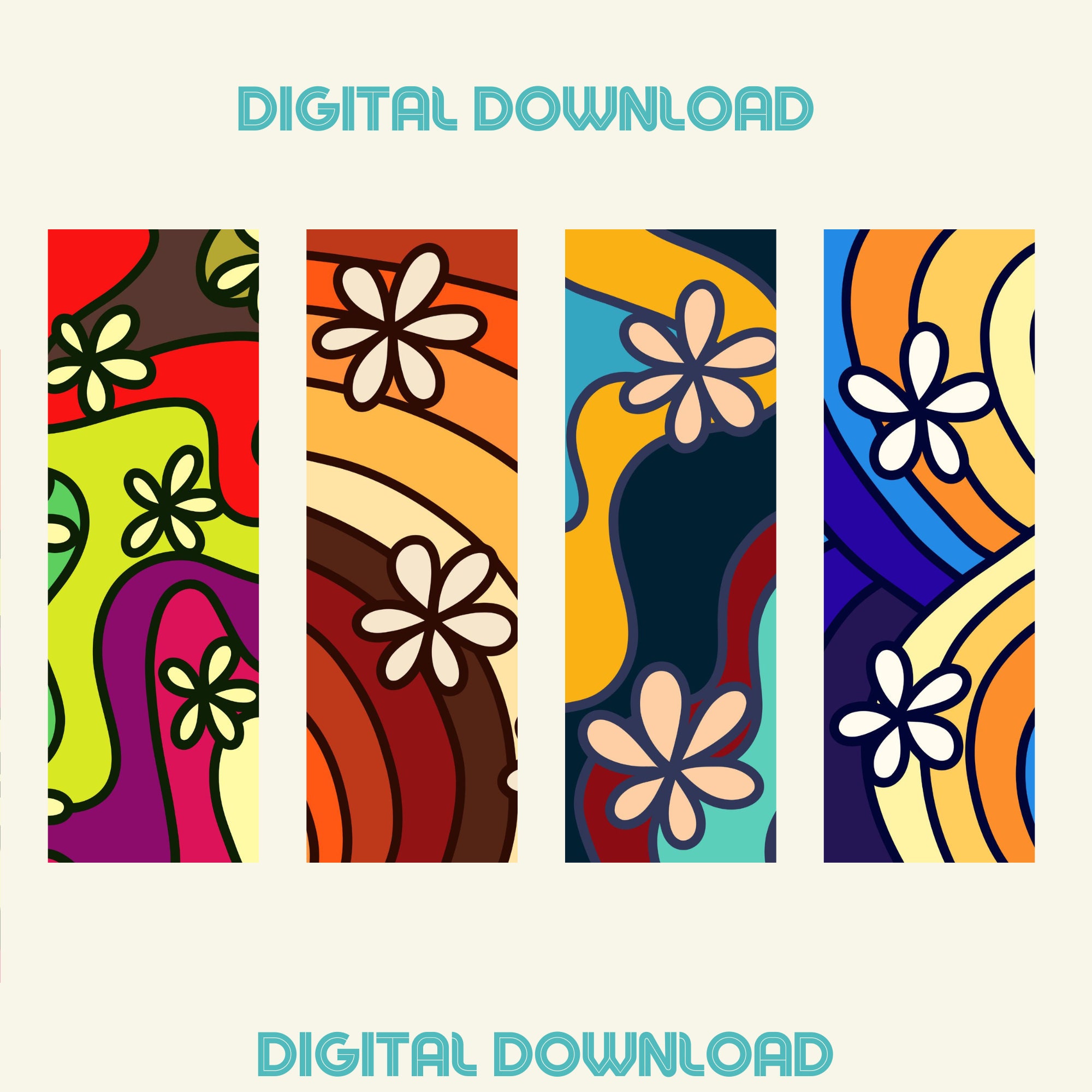 Retro Design Printable Bookmarks (SET OF 8) - Retro Color Doodle ...