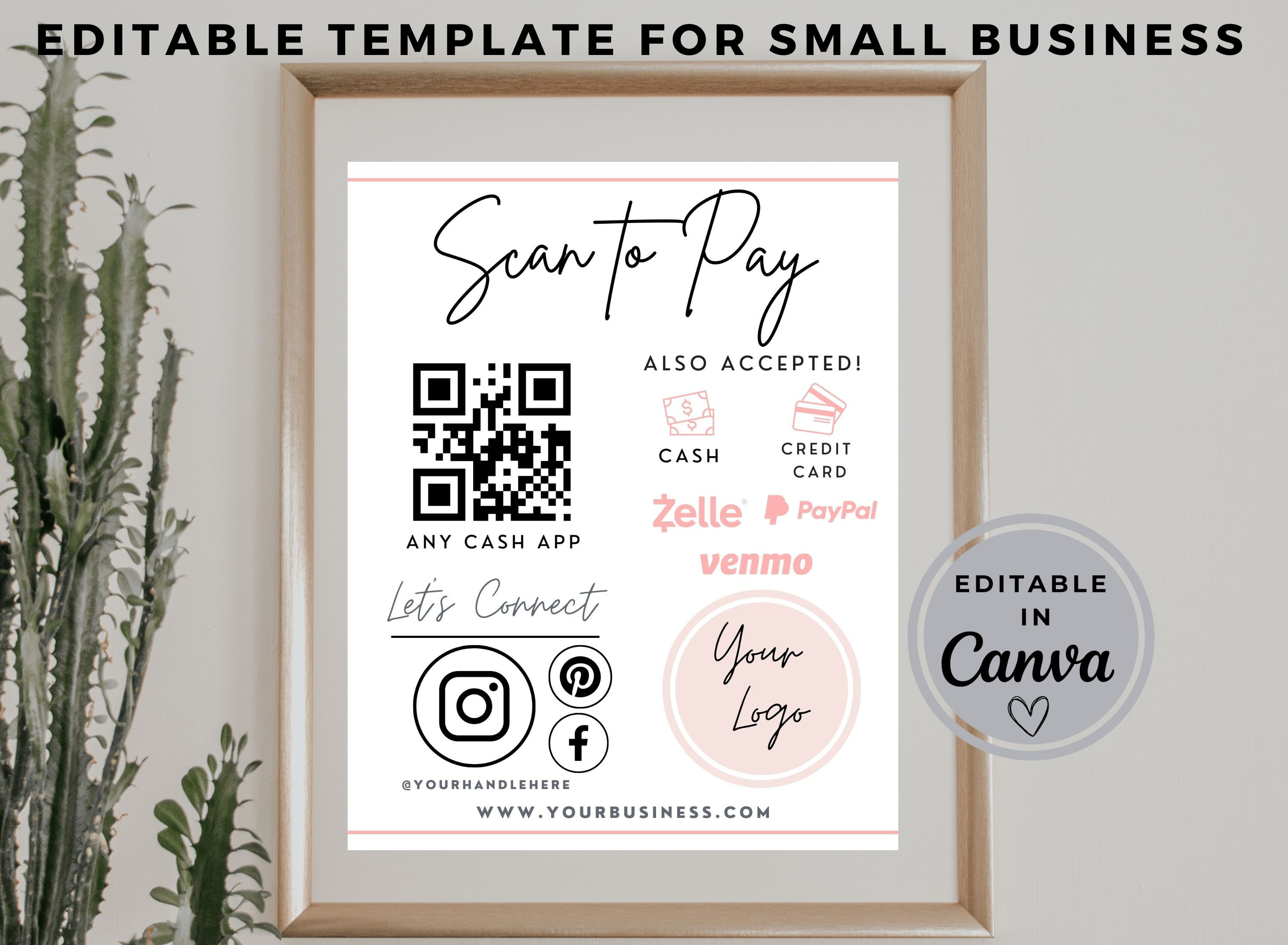 Pink Scan to Pay Editable Template Canva, Personalized Payment QR Tip ...
