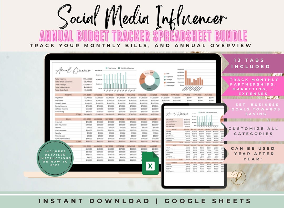 Social Media Influencer Annual Budget Google Spreadsheet, Finance ...