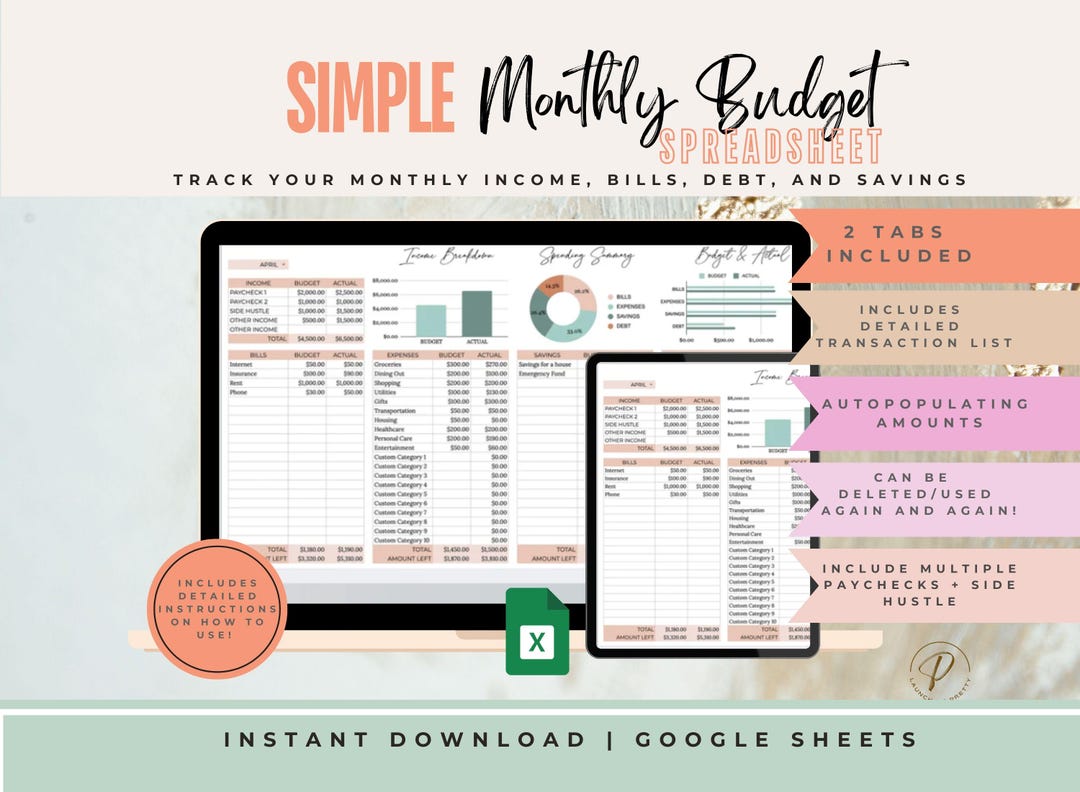 Simple Monthly Budget Google Spreadsheet, Finance Google Sheet ...