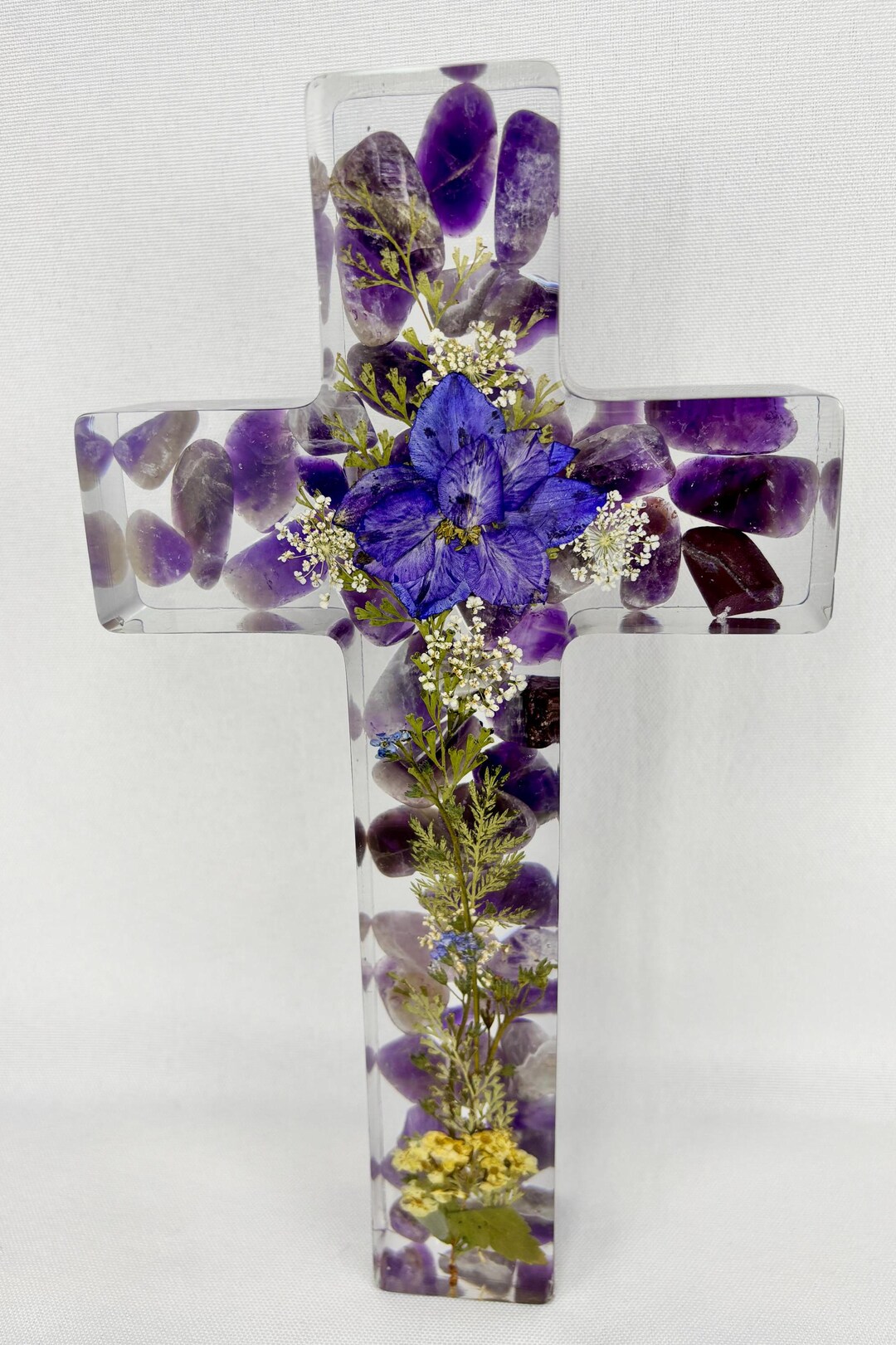 9-inch Resin Cross With Real Flowers & Amethyst | Crosses and ...