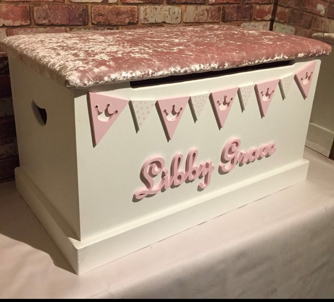 Handmade Personalised Wooden Toy Box. Cushioned Top With Name, Crowns ...