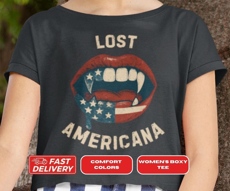 Lost Americana Vampire Fangs Women's Short Boxy T-shirt, American Flag ...