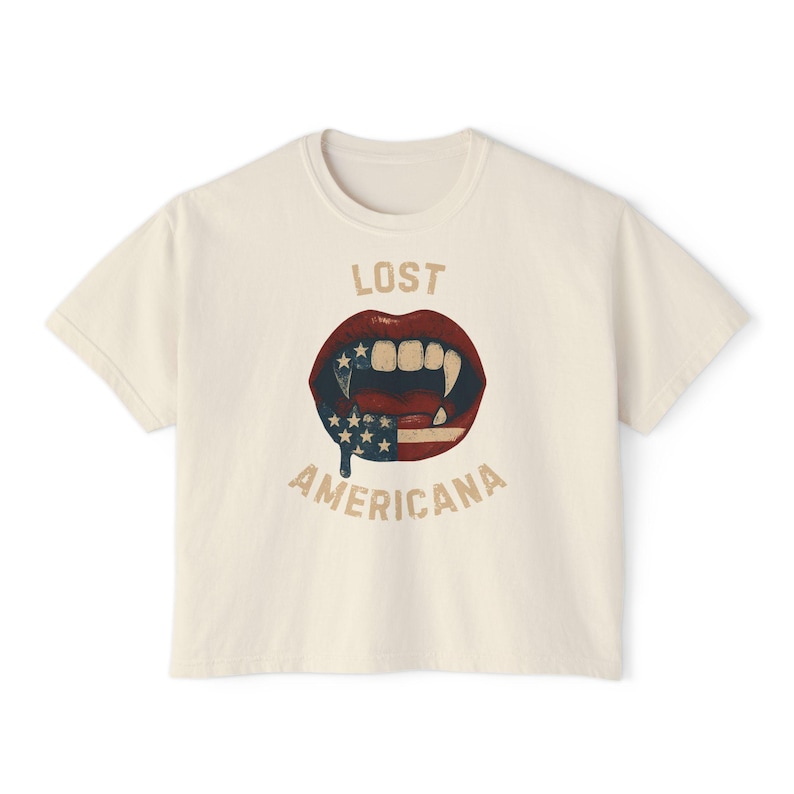Lost Americana Vampire Fangs Women's Short Boxy T-shirt, American Flag ...