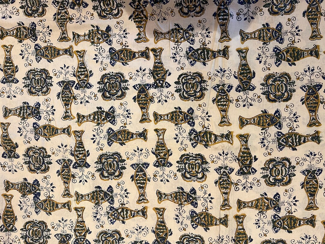 Fish Block Print Fabric, Handprint Fabric, Indian Fabric,printed Cotton ...