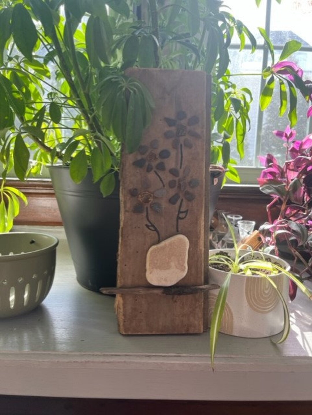 Vase of Flowers Plaque Shelf Decor Genuine Lake Michigan Beach Glass ...