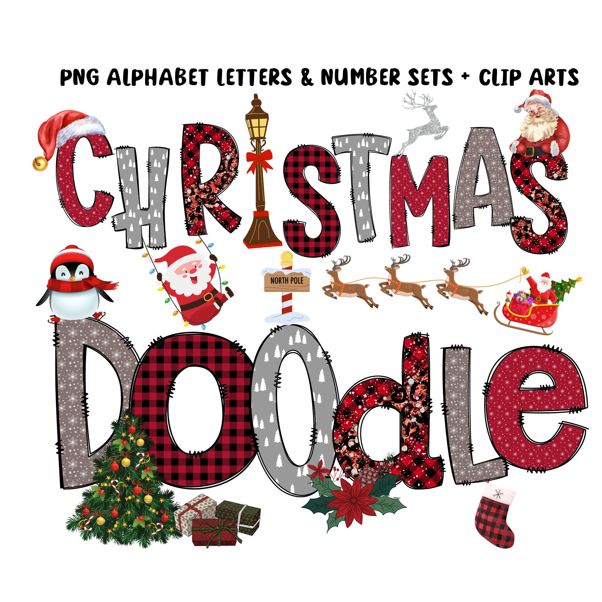 Christmas Red and Gray Doodle Alphabet PNG, Christmas PNG Letters ...