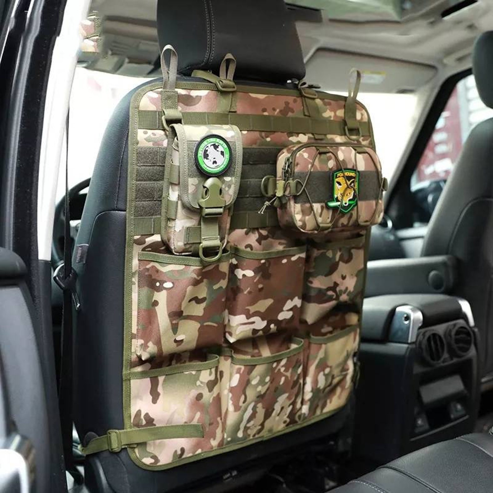 Military Style Car Seat Hanging Organiser | Tactical Pockets + Hook and ...