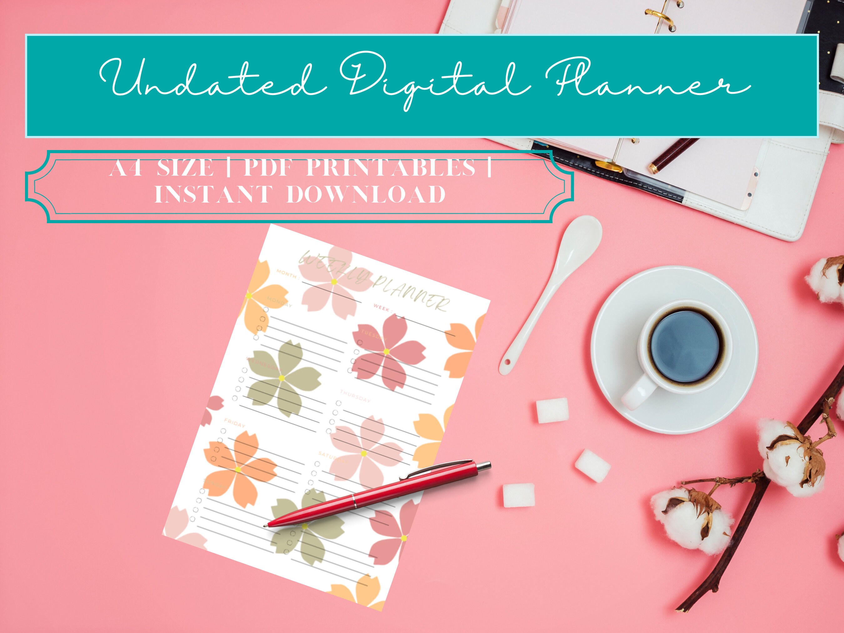 Undated Digital Planner, Floral Digital Download, Weekly Schedule, To ...