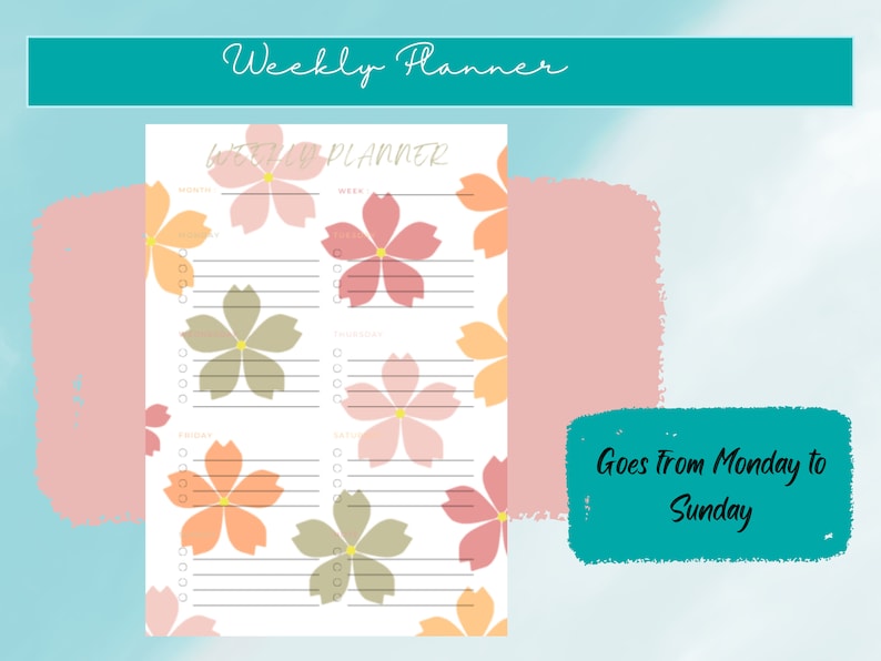 Undated Digital Planner, Floral Digital Download, Weekly Schedule, To ...