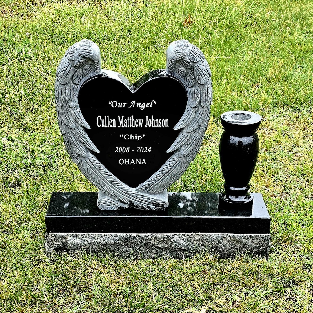 Sculpted Black Granite Heart Headstone: Angel Wings Grave Marker ...