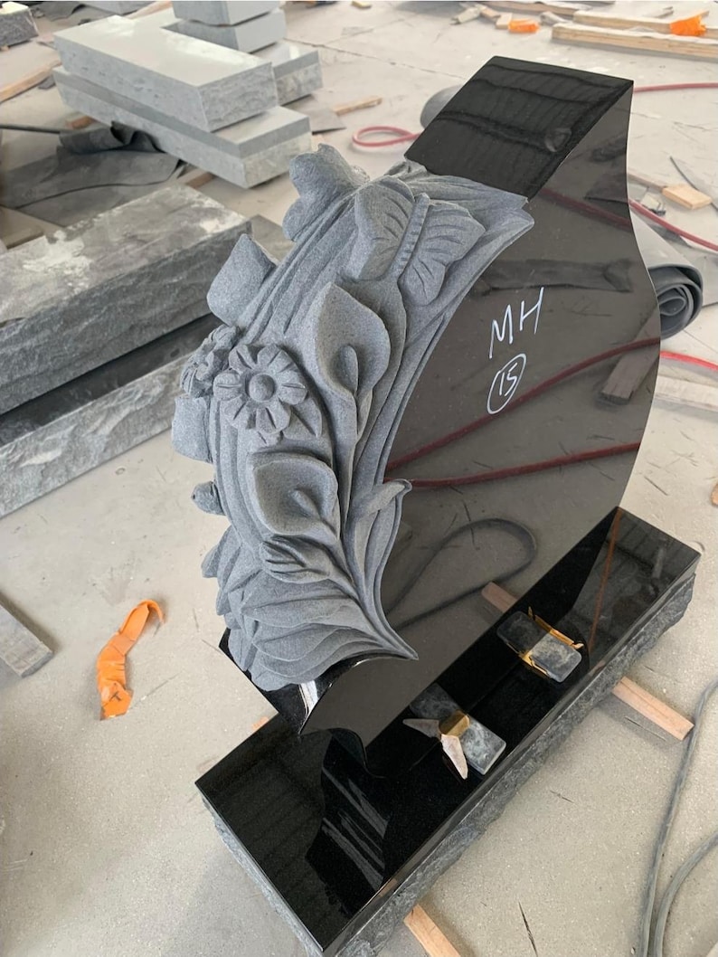 Engraved Black Granite Lily & Butterfly Headstone: Cemetery Memorial ...