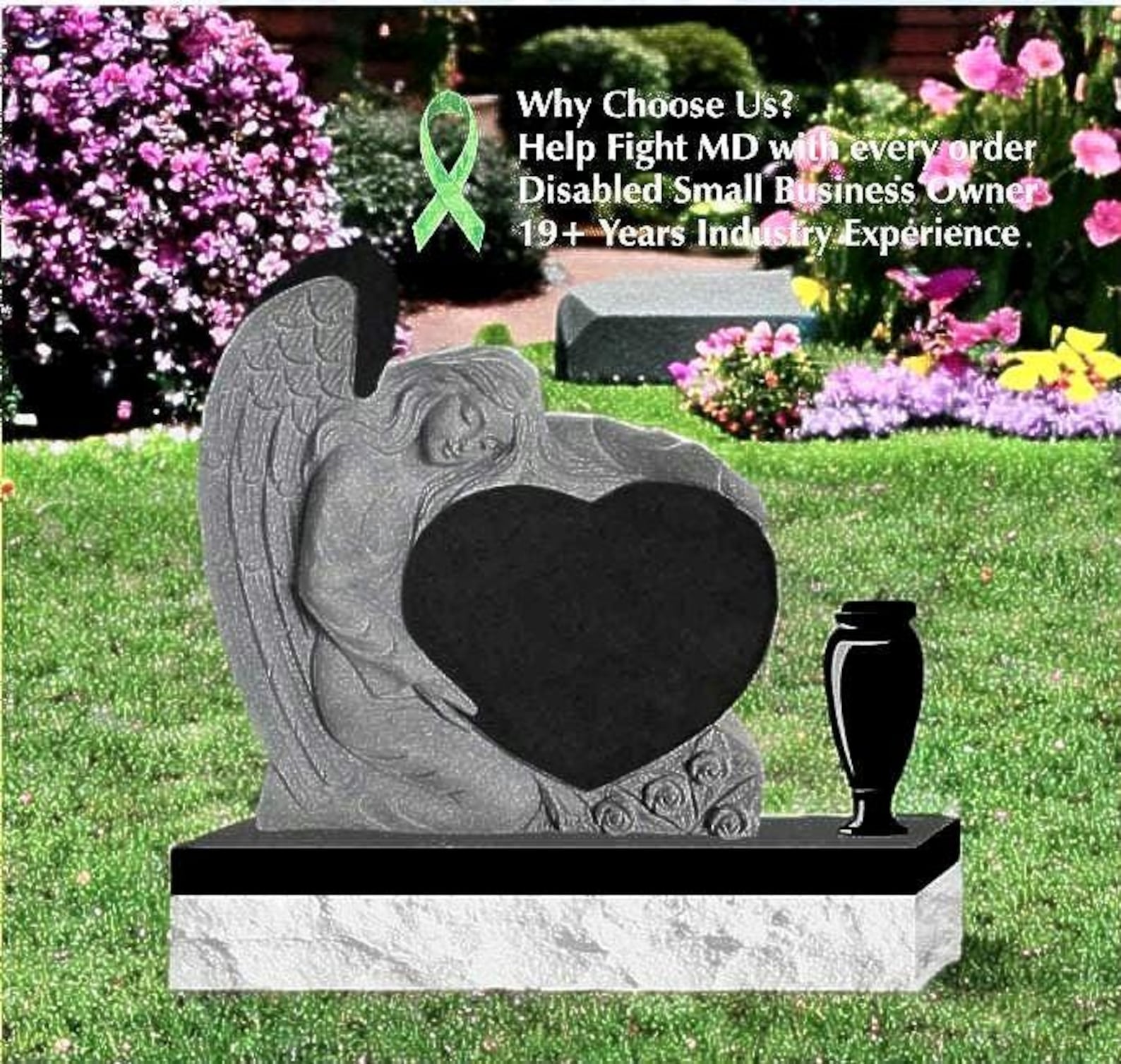 Economonument™ Sculpted Angel Headstone, Cemetery Monument. Black ...
