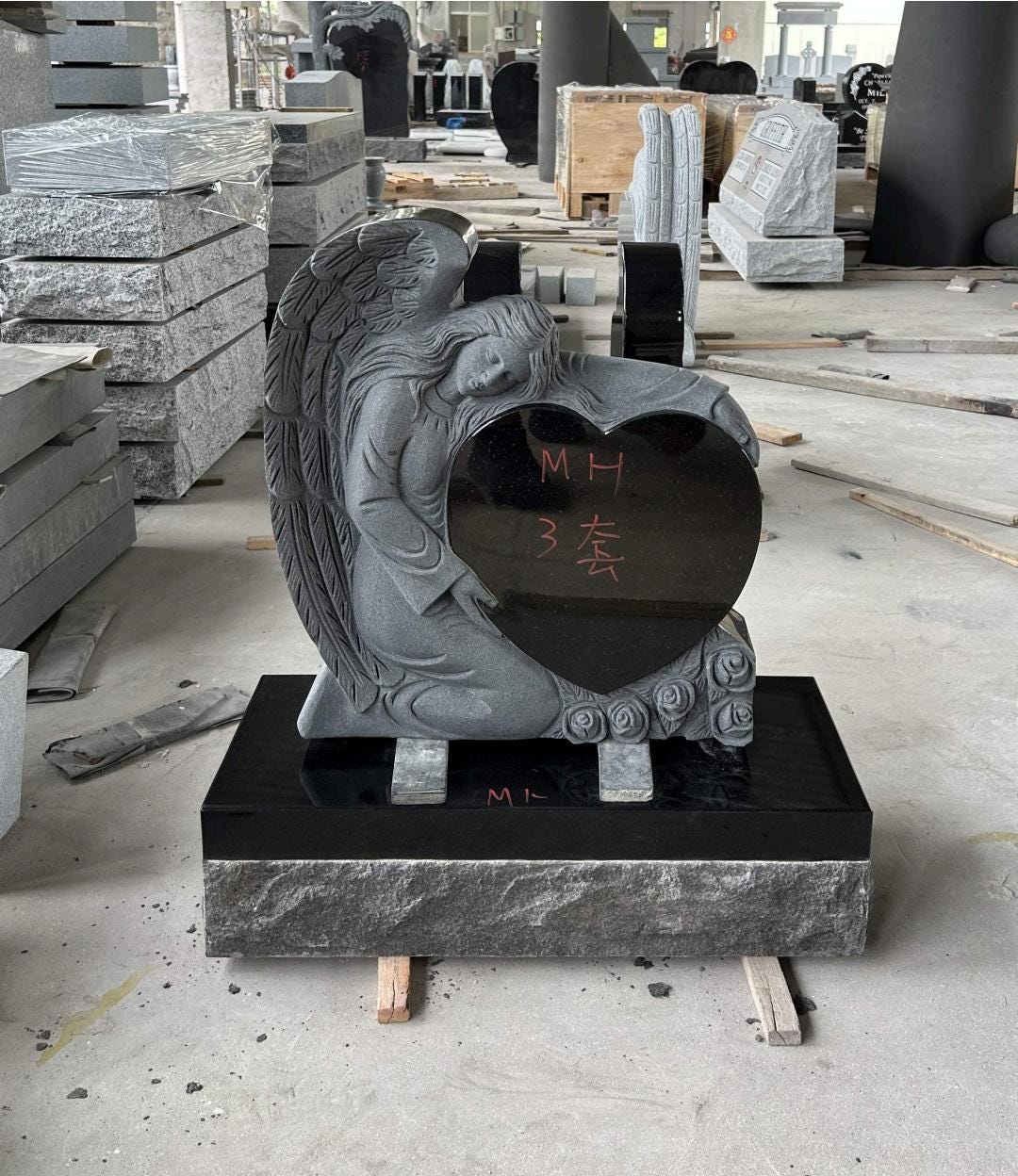 Economonument™ Sculpted Angel Headstone, Cemetery Monument. Black ...