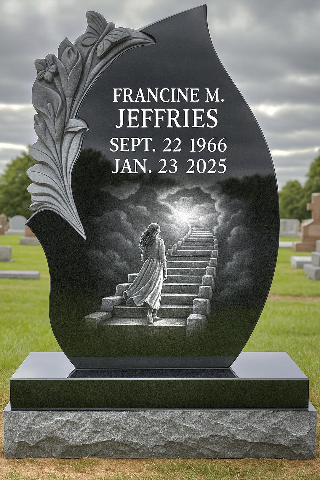 Engraved Black Granite Lily & Butterfly Headstone: Cemetery Memorial ...