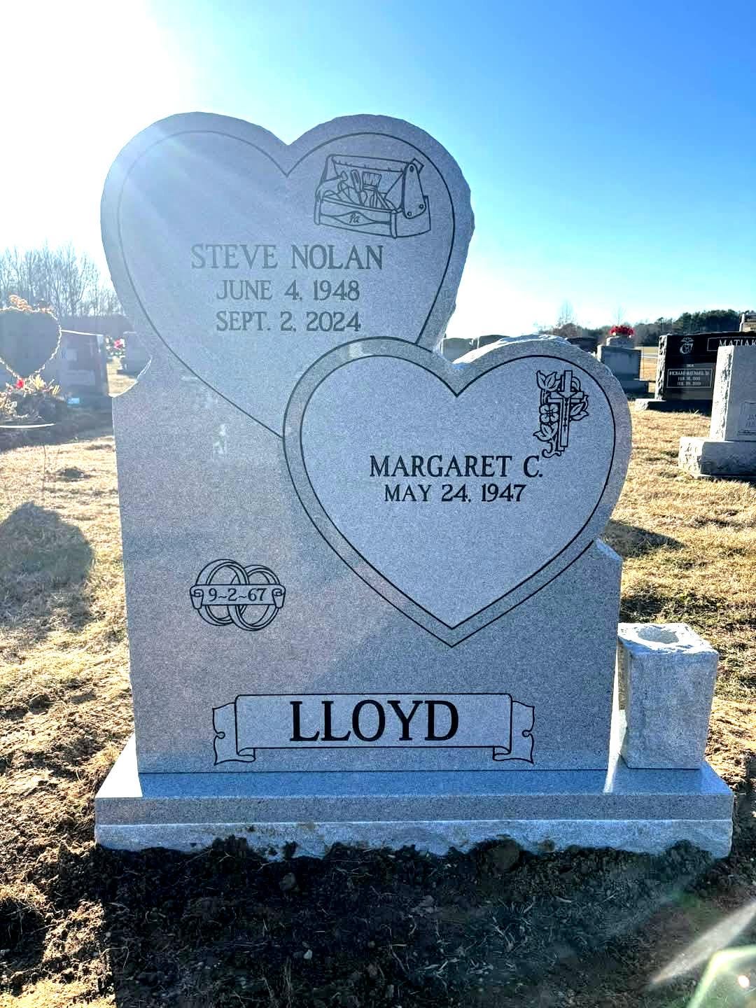 Premium Gray Granite Stacked Double Heart Companion Cemetery Headstone ...