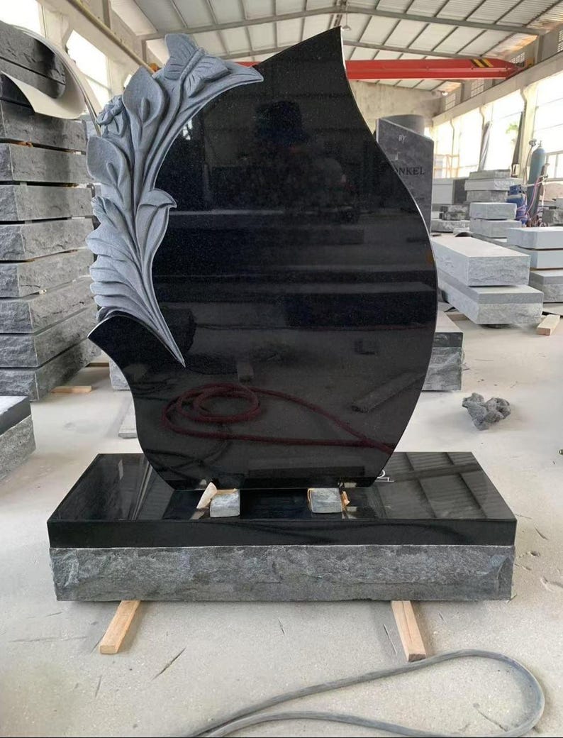 Engraved Black Granite Lily & Butterfly Headstone: Cemetery Memorial ...