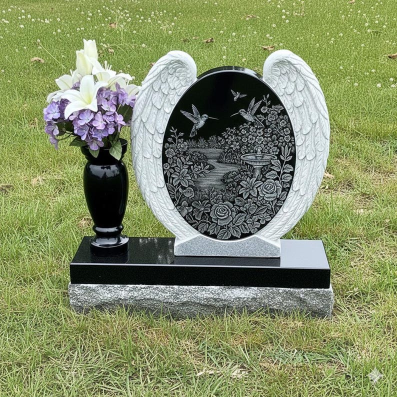 Angel Wing Granite Headstone, Custom Laser Engraved Memorial, Eternal ...