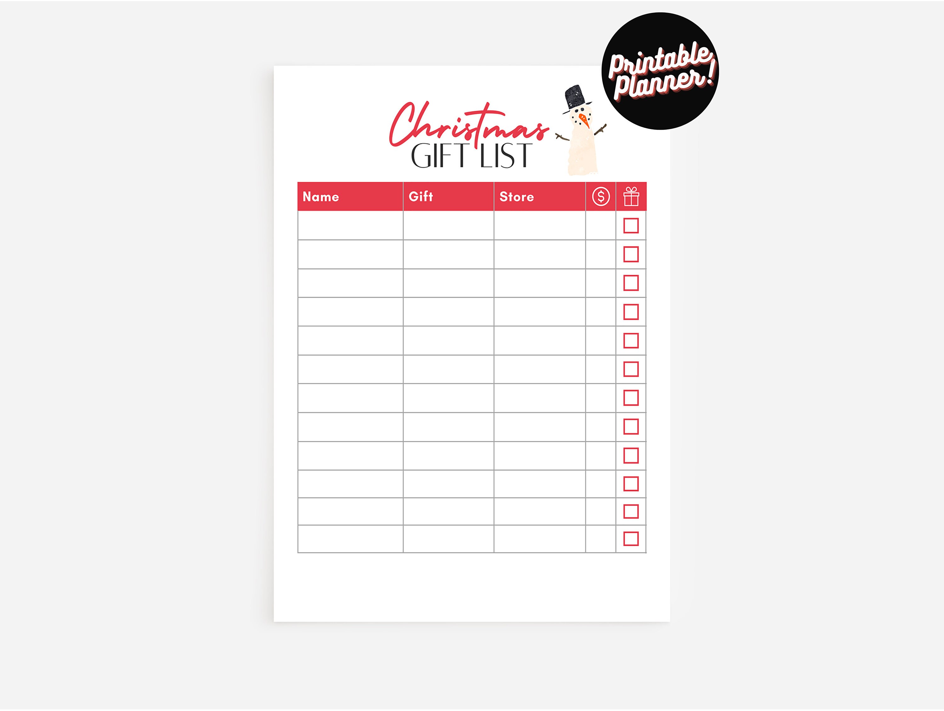 Printable Gift List, Simple and Modern, Downloadable, Digital Gift List ...