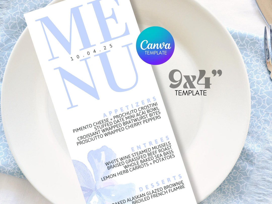 Blue Menu Canva 9x4” Template, Printable Wedding DIY Dinner Card ...