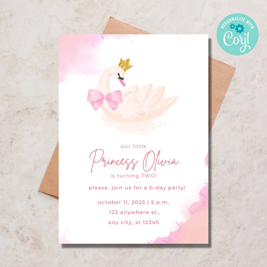 Swan Princess Birthday, Princess Birthday Invitation, First Birthday ...