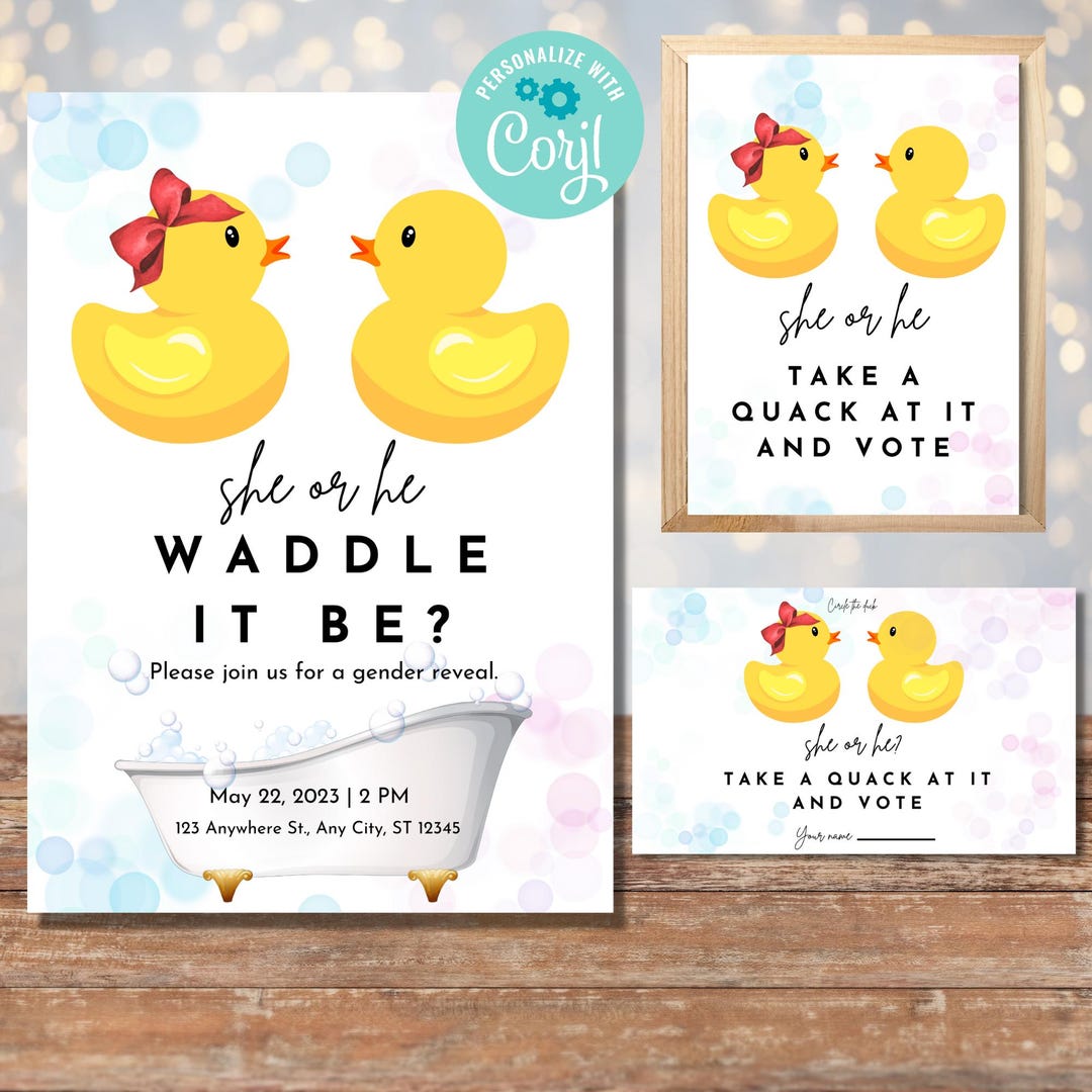 Gender Reveal Invitation, Rubber Duck Gender Reveal Invitation, Waddle ...