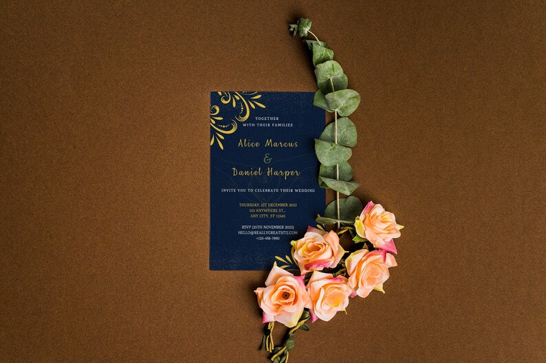 Editable Minimalist Wedding Invitation Custom Blue and Gold - Etsy