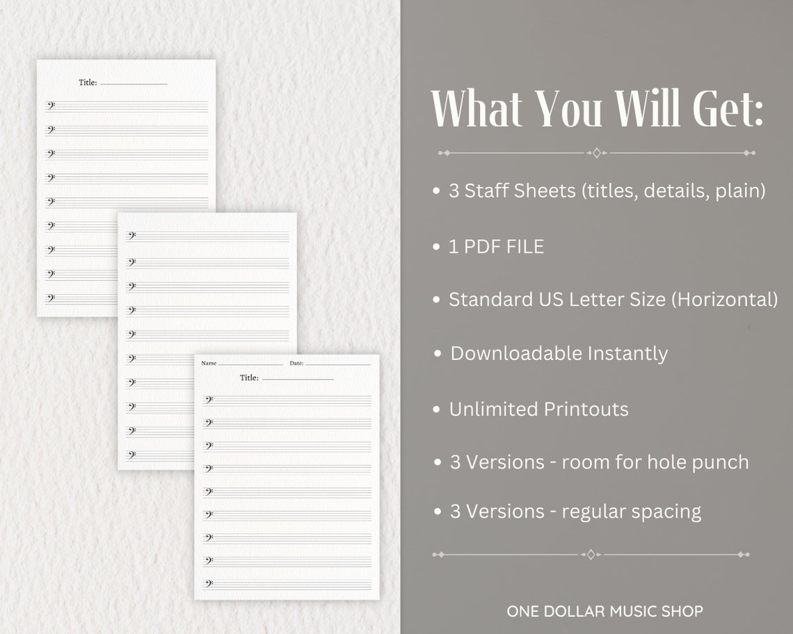 Printable Blank Bass Clef Sheet Music Notation Sheets Staff Stave Print ...