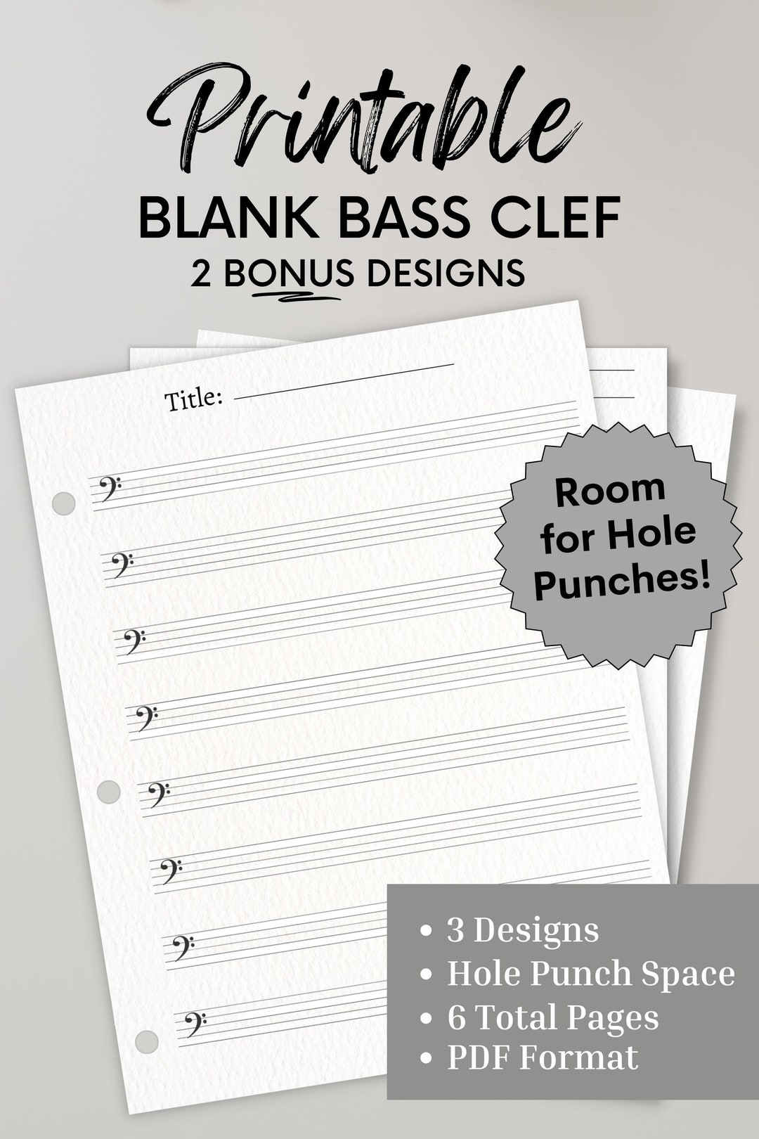 Blank Bass Clef Notation Sheets Music Printable PDF Instant Download ...