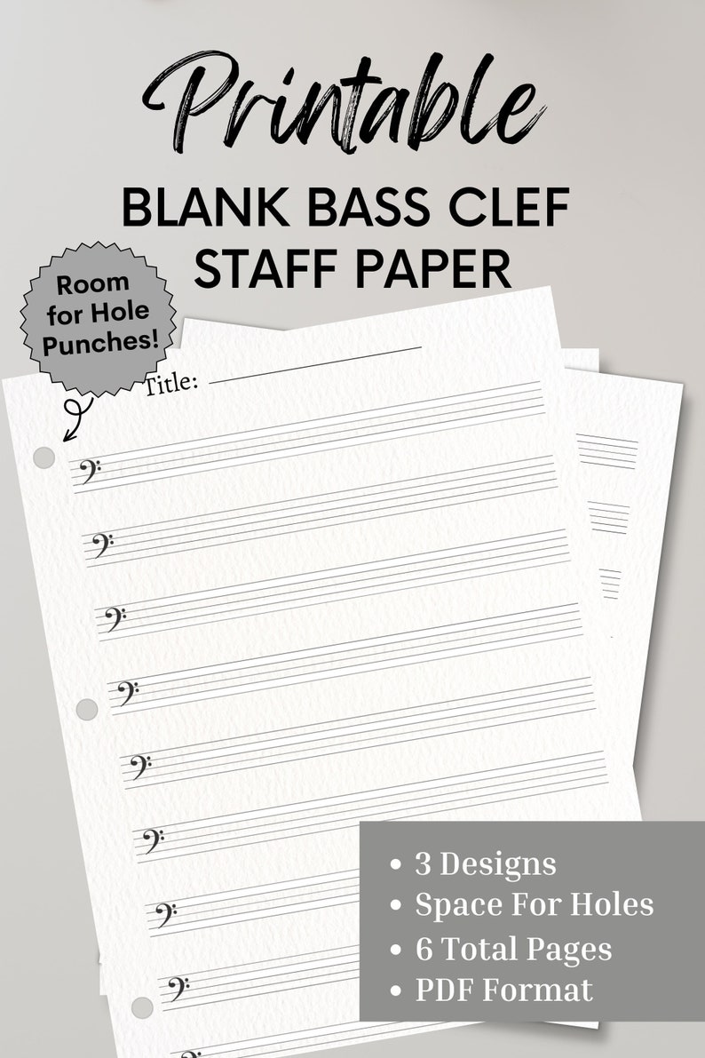 Printable Blank Bass Clef Sheet Music Notation Sheets Staff Stave Print ...