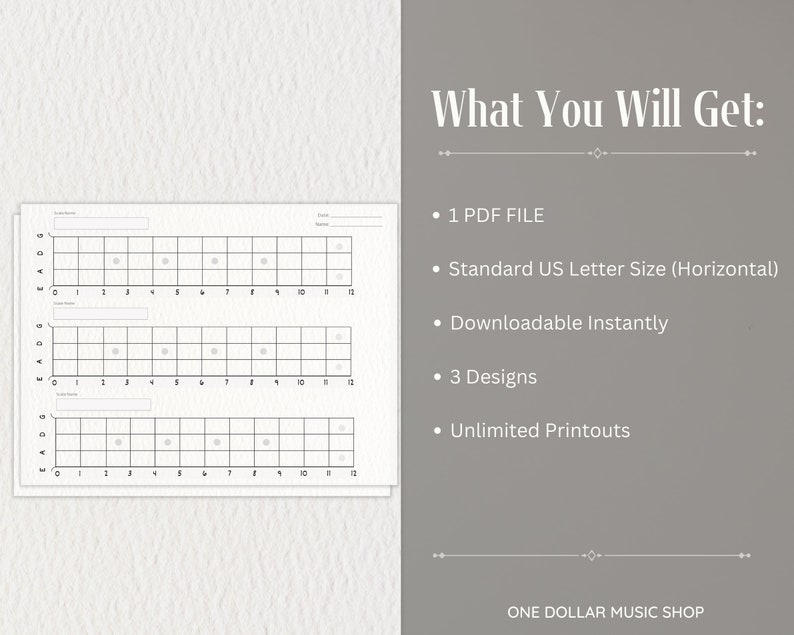 Printable Bass Guitar Fretboard Chart: 3 Designs (PDF Download) - Etsy