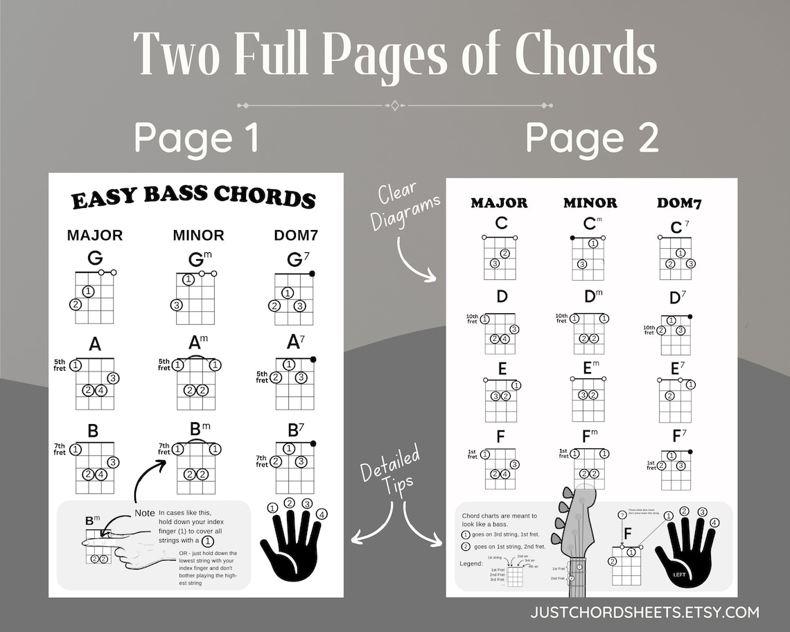 Bass Chord Chart for Beginners Printable at Home for Bass Student Play the Bass Guitar Learner ...