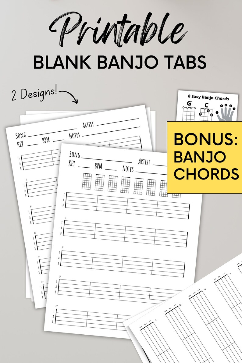 Blank Banjo Tabs BONUS Chord Charts for Beginners Bluegrass Printable ...