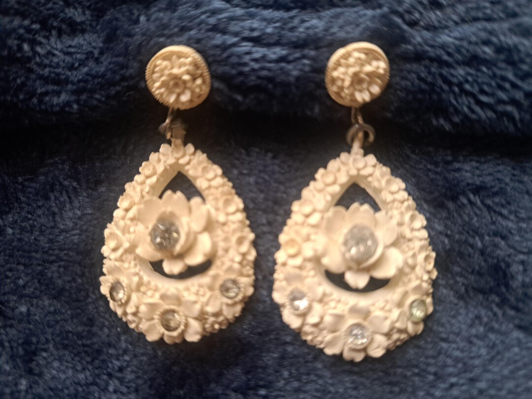 Vintage Cream Celluloid Crystal Floral Earrings - Drop Dangle - Etsy