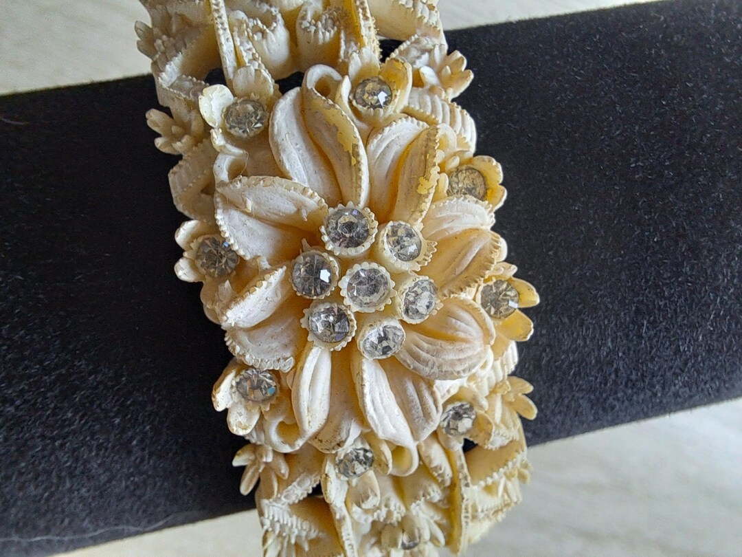 Vintage Art Deco Floral Celluloid Rhinestone Cream Bracelet, Celluloid ...