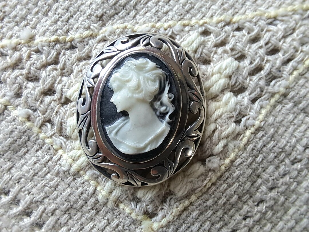 Vintage Jezlaine Black and White Ceramic Cameo Sterling Brooch, 1970s ...