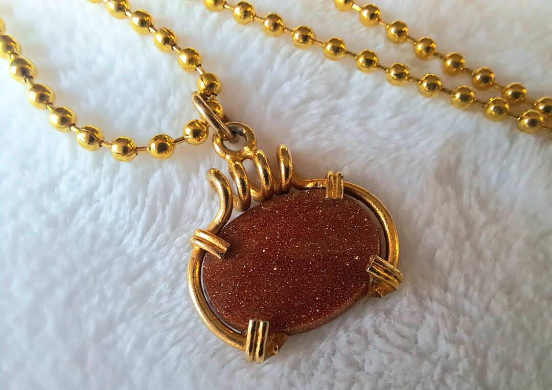 Vintage Art Deco Goldstone Pendant Necklace, Petite Copper Stone Gold ...