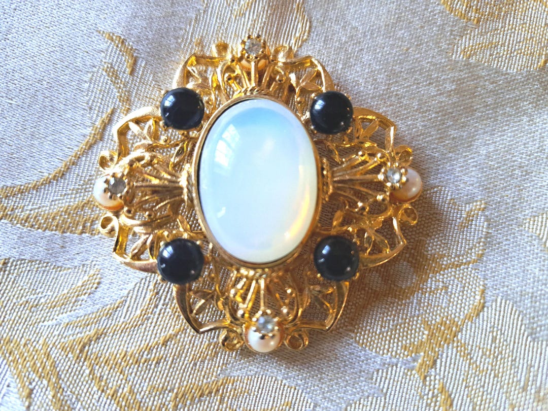 Vintage Art Deco Statement Moonstone Brooch, Goldtone Filagree Brooch ...