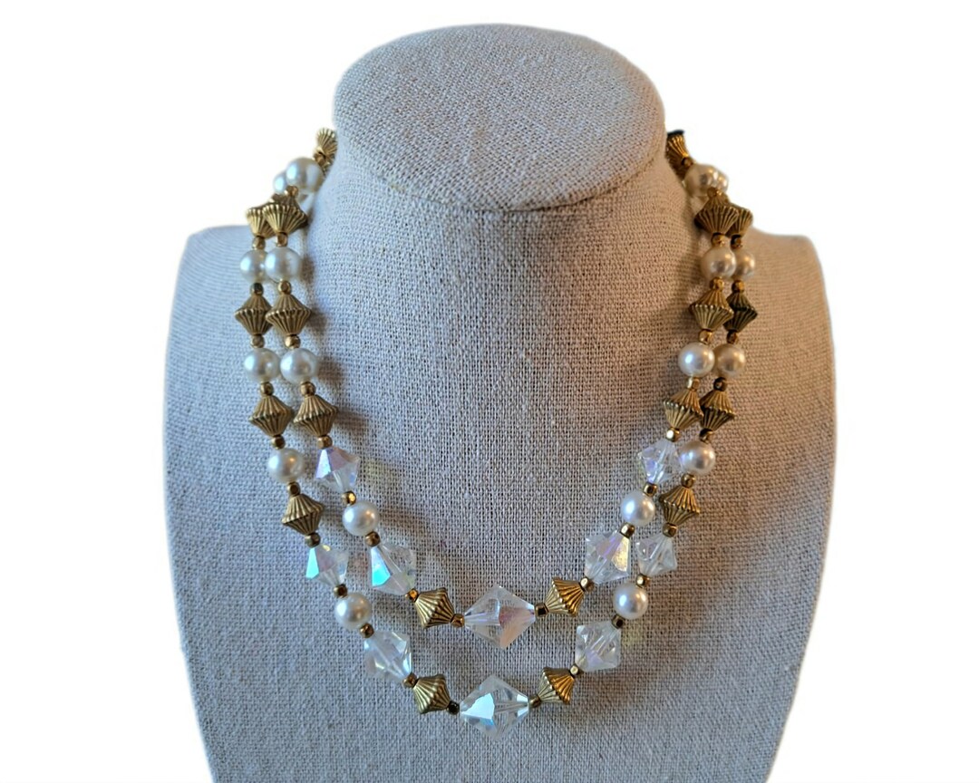 Vintage Mid-century Gold Crystal Pearl Girls Choker, Sparkler Prom ...