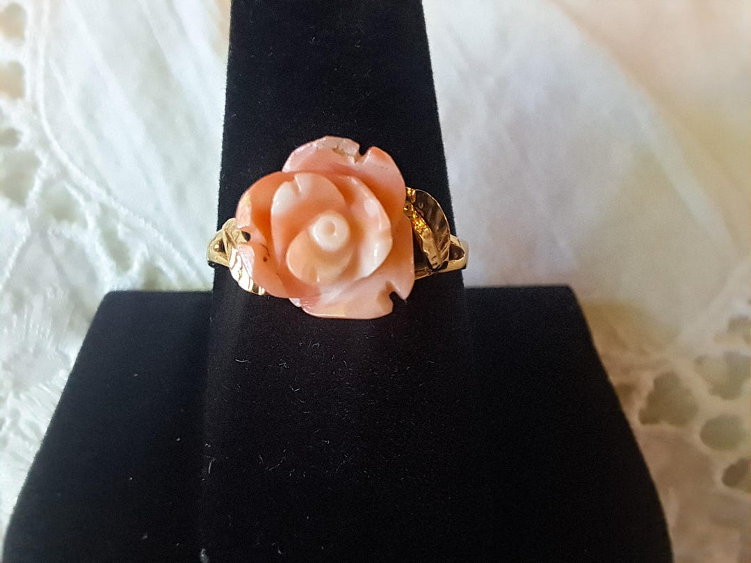 Vintage Solitaire Carved Angel Skin Coral Rose Floral Yellow Goldtoned ...
