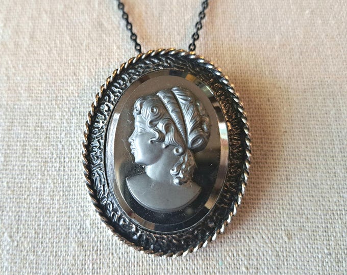 Vintage Statement Gothic Gray Mirror Glass Hematite Silvertone Cameo ...