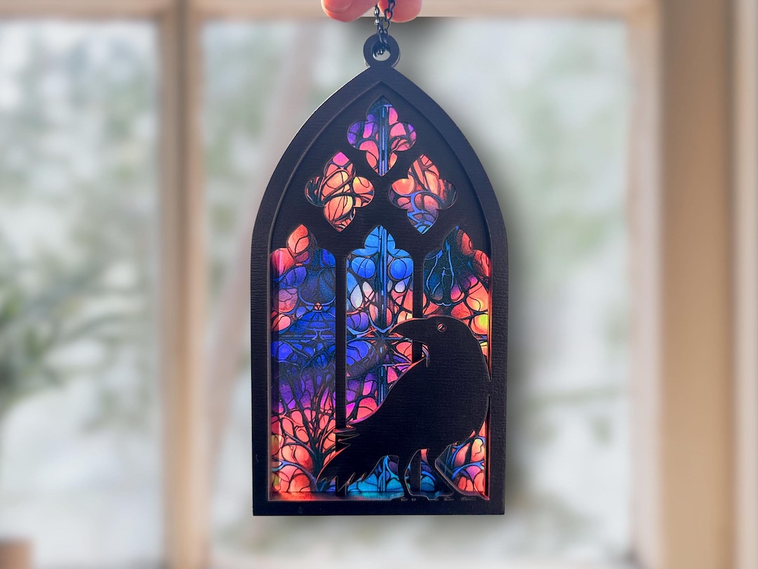 Gothic Cathedral Window Raven Suncatcher Stained Glass Effect Window ...