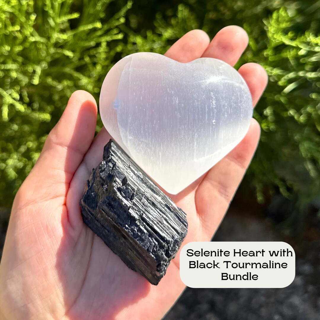 Selenite and Black Tourmaline Bundle Home Protection Kit Selenite Heart ...