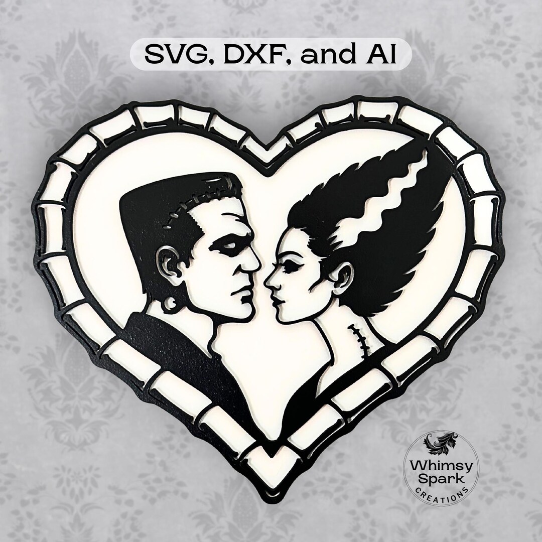 Gothic Frankenstein Couple Heart SVG Dark Romance Laser Cut File Horror ...