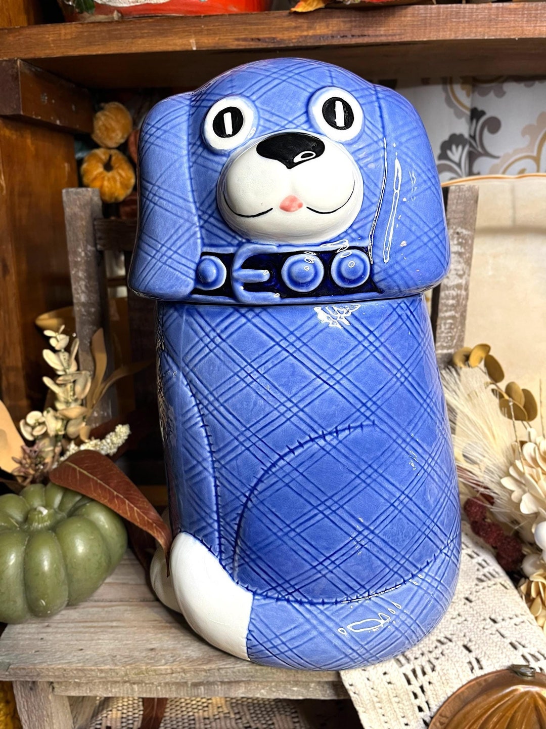 Vintage RARE Poppy Trail by Metlox Blue Gingham Dog Ceramic Cookie Jar ...