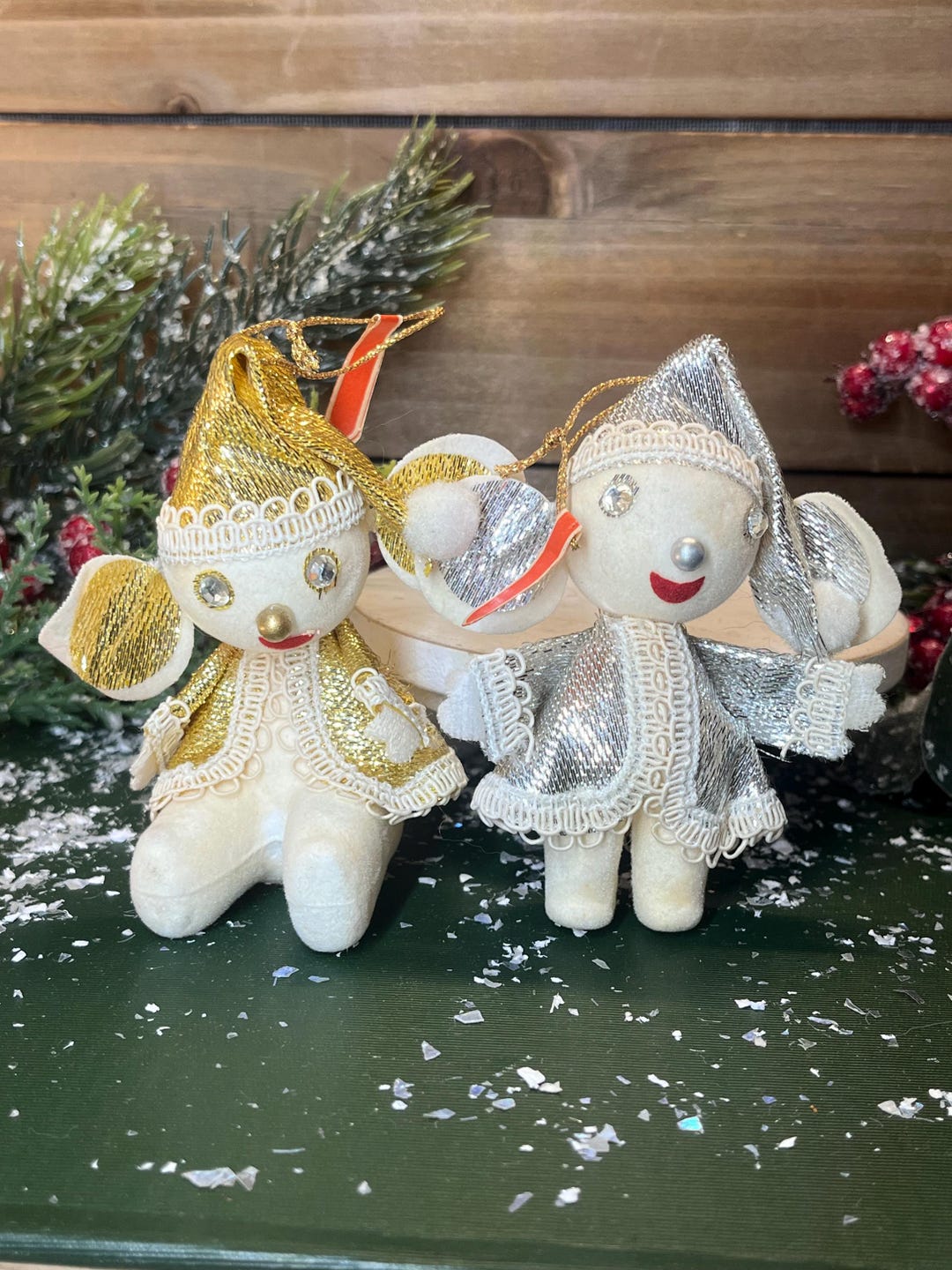 Fancy Vintage Silver & Gold Flocked Mice Christmas Ornaments - Made in ...