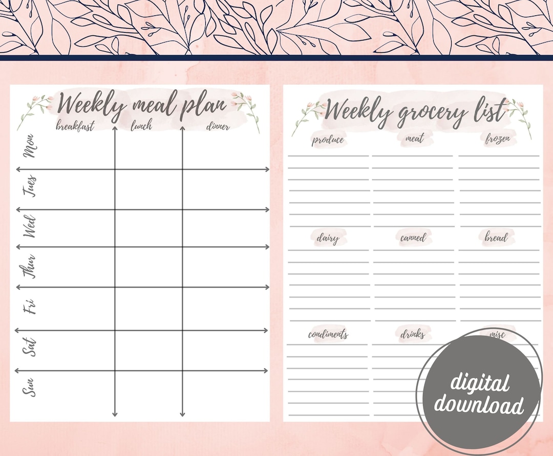 Weekly Menu Planner and Grocery List Digital Instant Download|printable ...