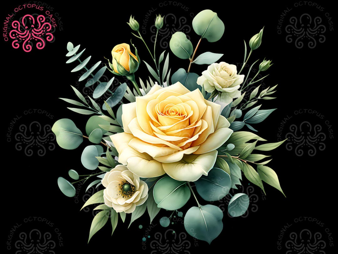 Rose Clipart, Yellow Rose Bouquet PNG Files for Crafting, Invitations ...